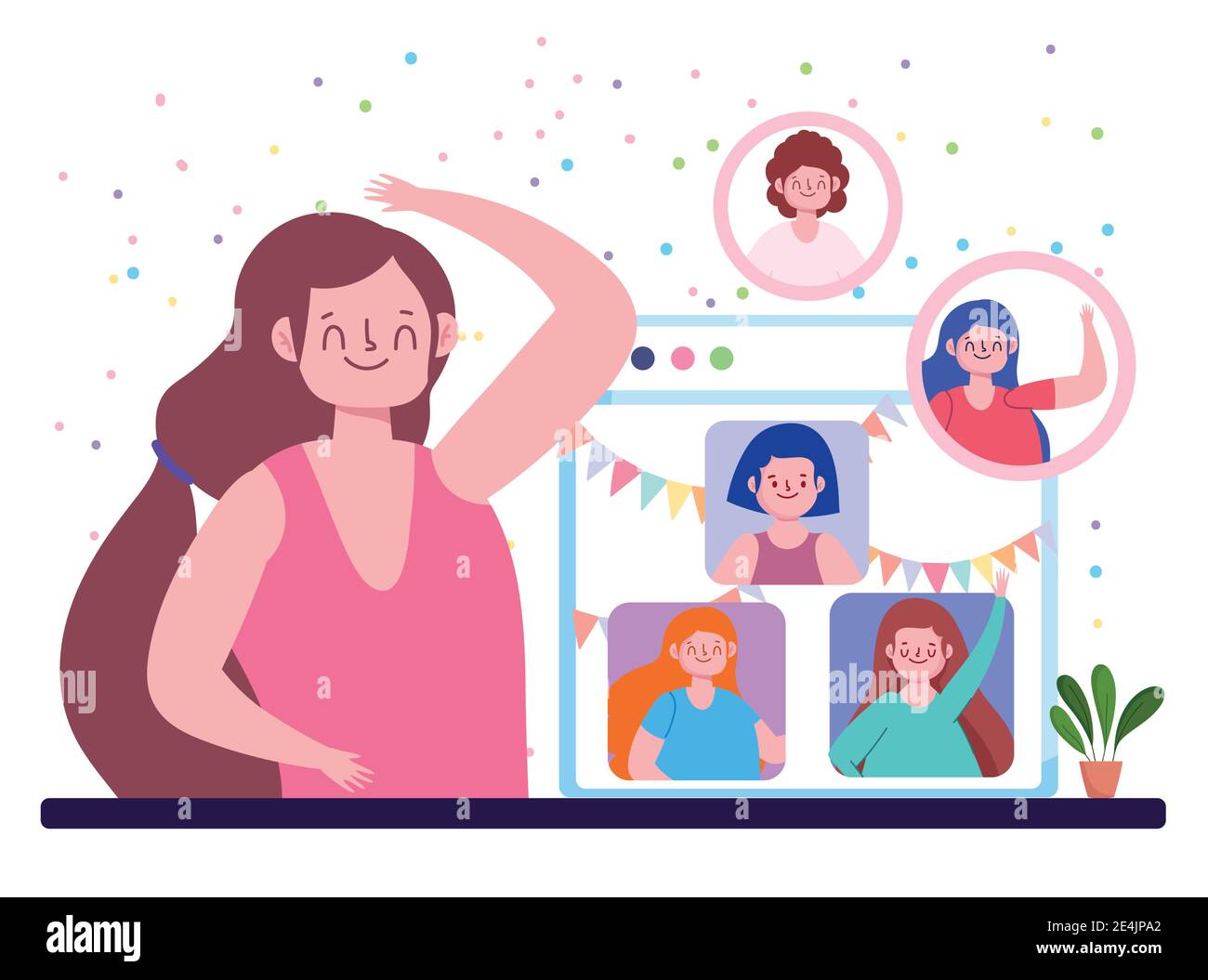 virtual party, female friends meeting celebration festive characters ...