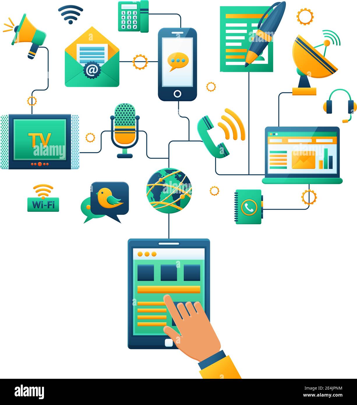 Communication concept with hand touching tablet and social media icons ...