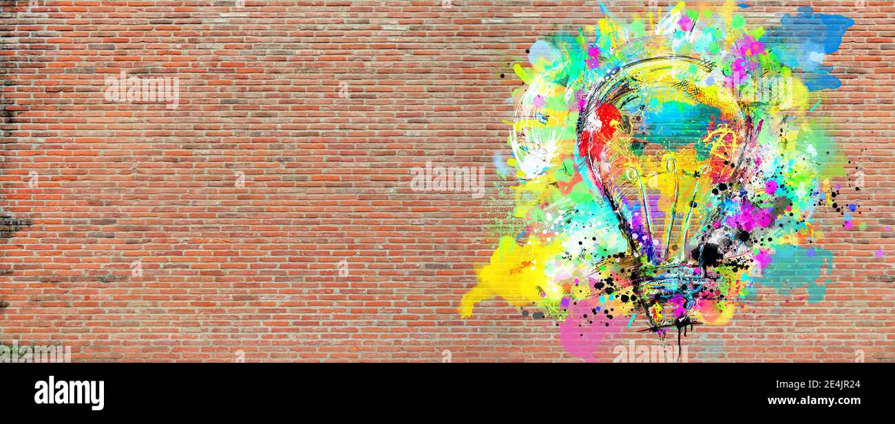 Big stylized light bulb on a big wall of bricks drawn with splashes of ...