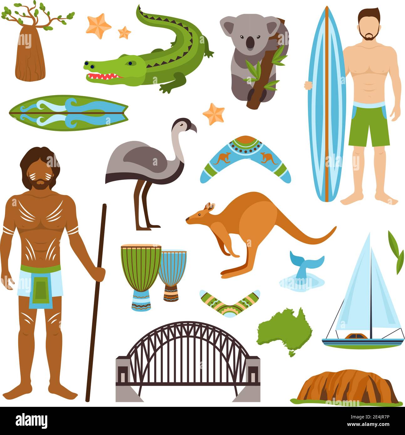 Australia tourism nature and culture icons set with crocodile yacht ...