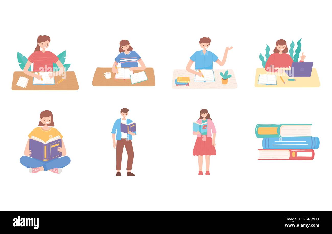 set of students holds books reading and studying education vector ...