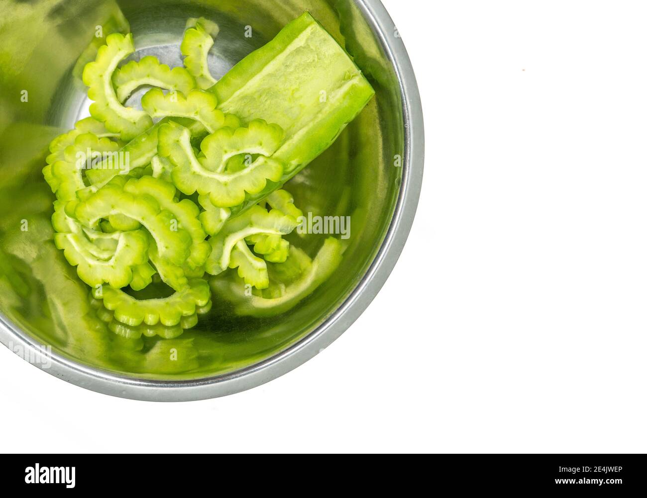 Close up bitter gourd or bitter melon in stainless steel bowl, isolated ...