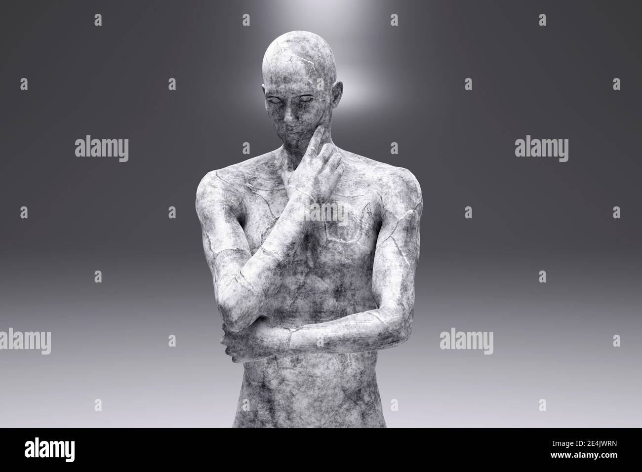 3D illustration of pensive male character made out of concrete against ...