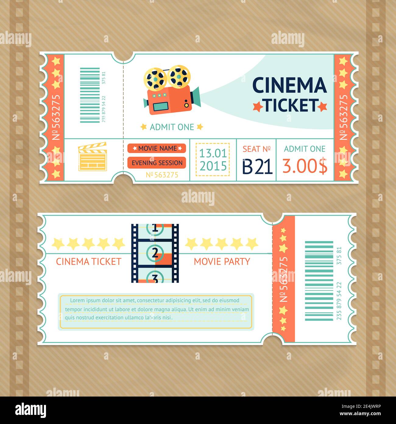 Retro cinema movie party paper ticket set isolated vector illustration ...