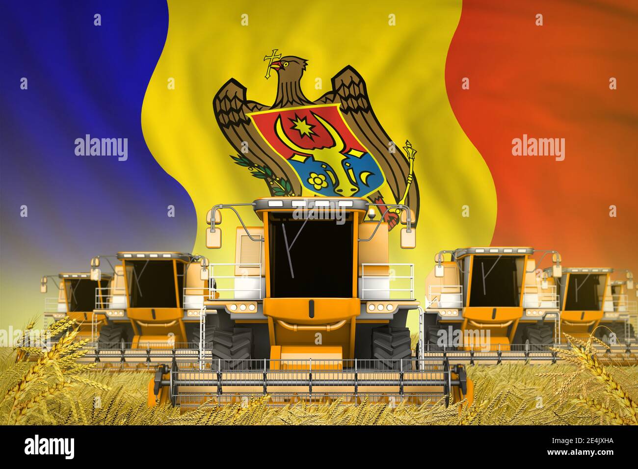 industrial 3D illustration of many yellow farming combine harvesters on ...