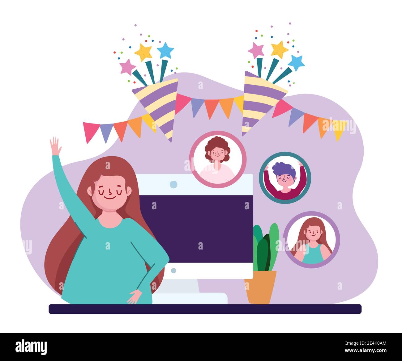 virtual party, woman communicating and celebrating remotely online ...