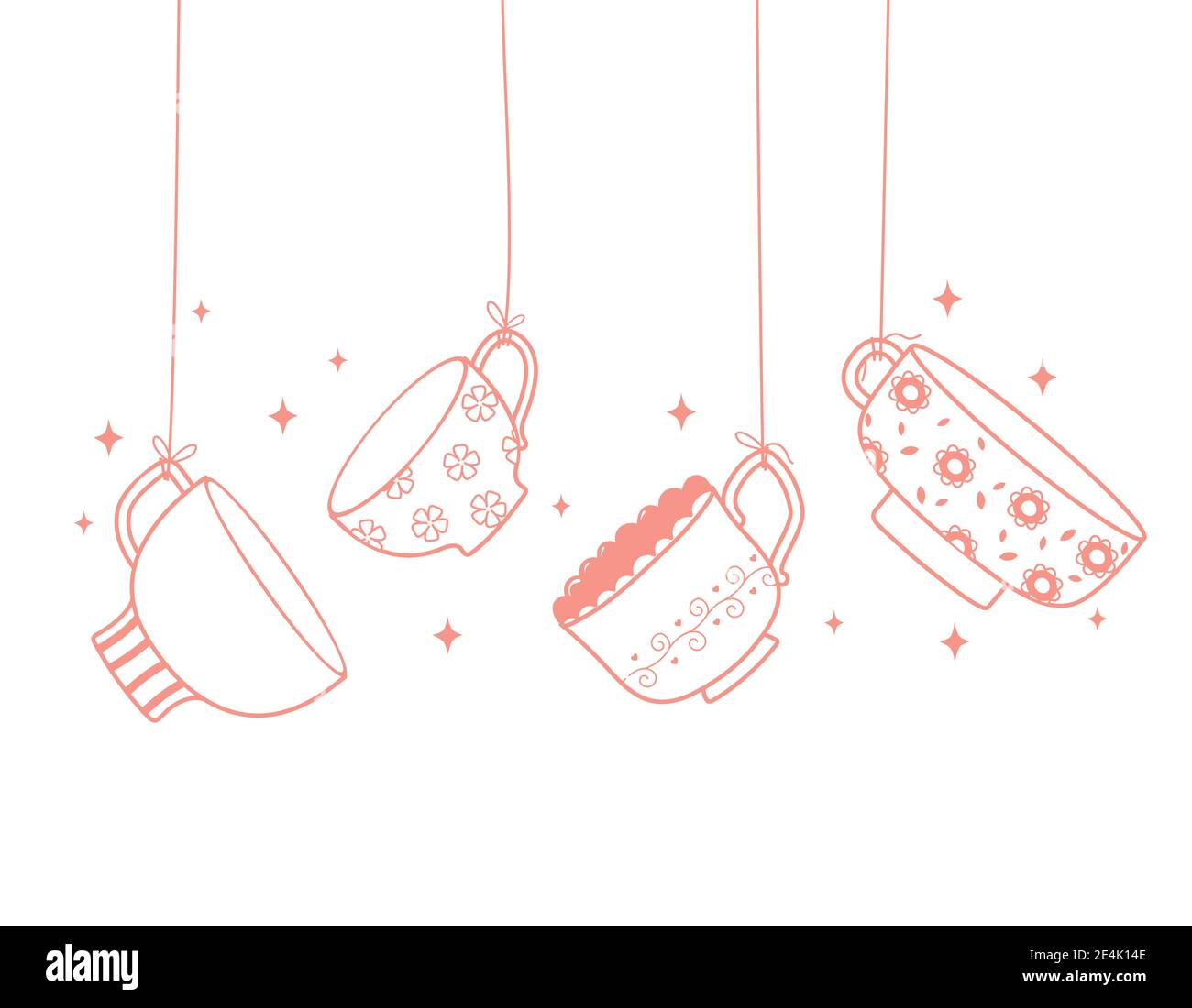 tea and coffee hanging delicate cups decoration, line style design ...