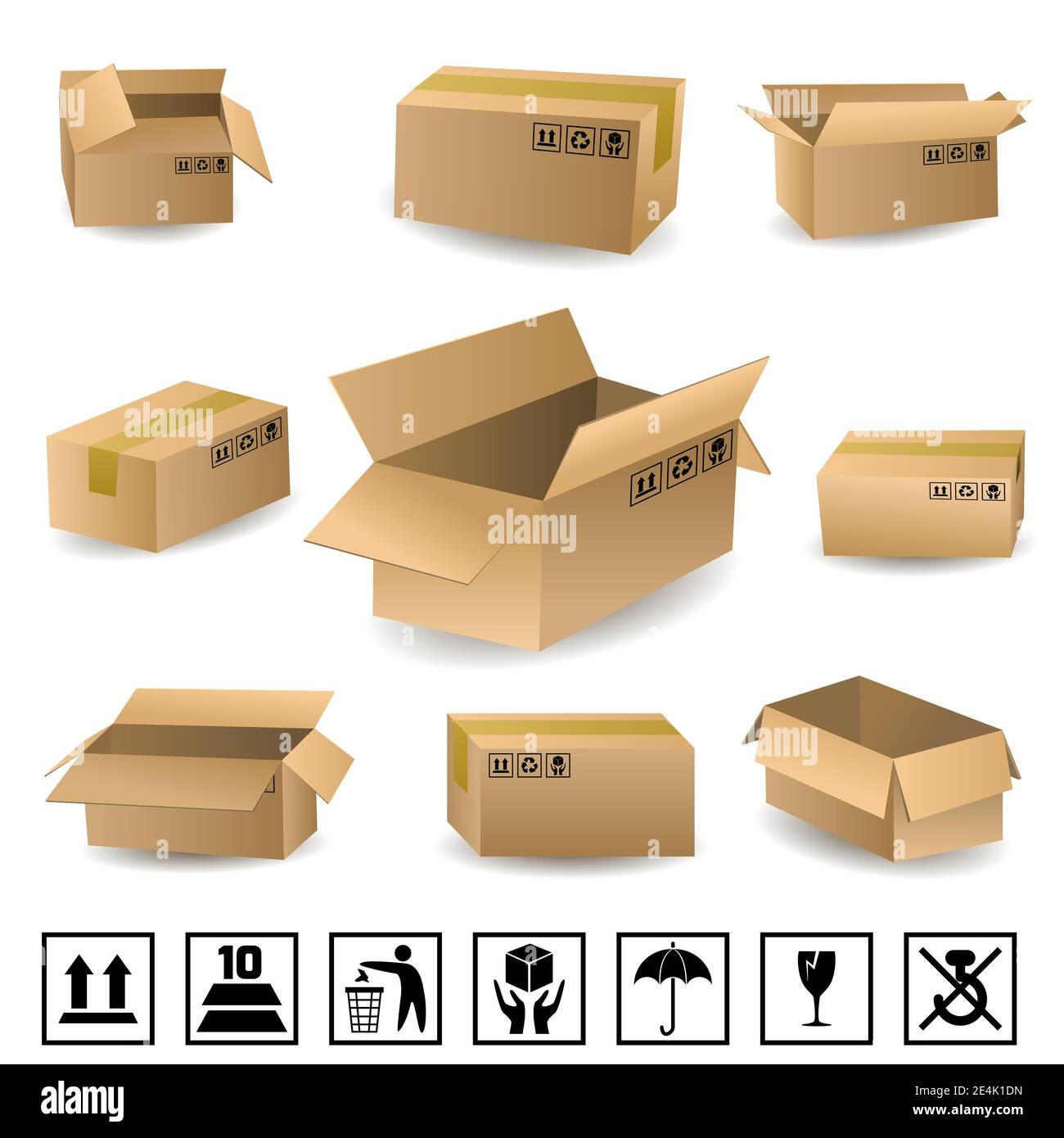 Cardboard shipping delivery boxes set with packaging icons isolated ...