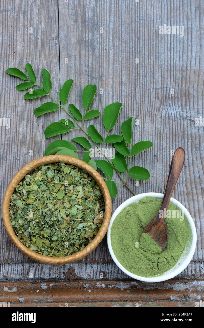 Moringa, Moringa powder in bowl with wooden spoon, dried and fresh ...