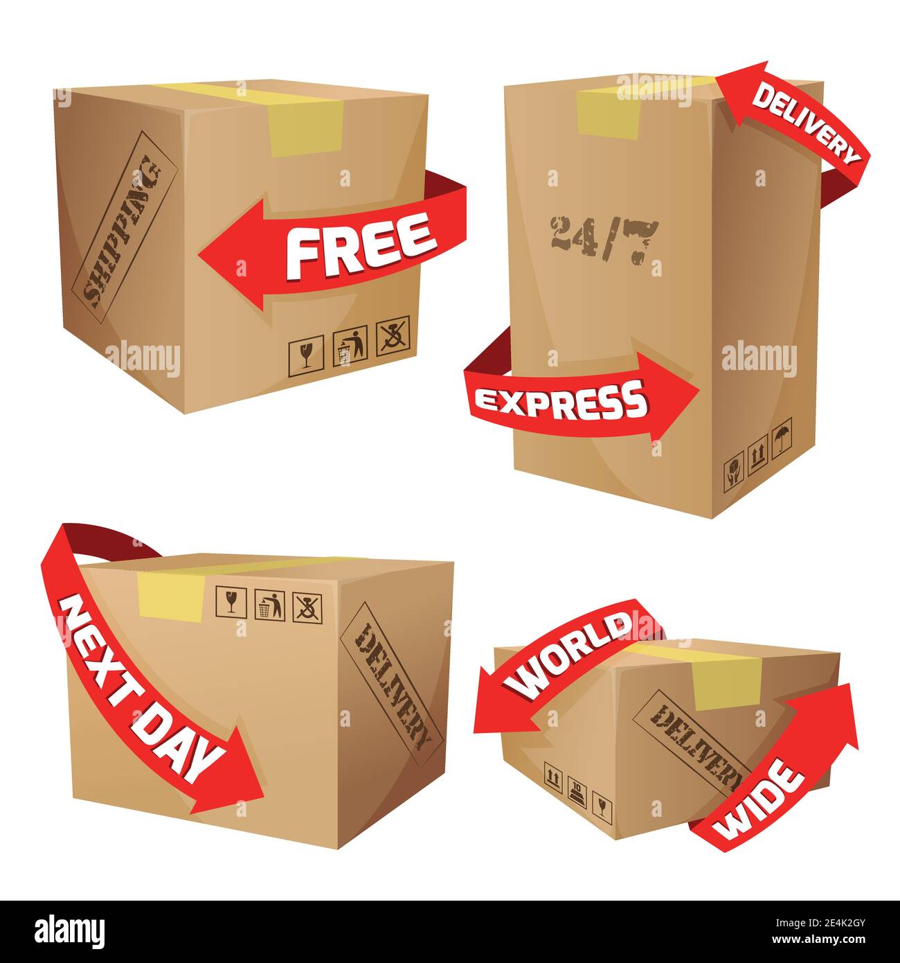 Cardboard boxes set with red arrows and delivery symbols isolated ...