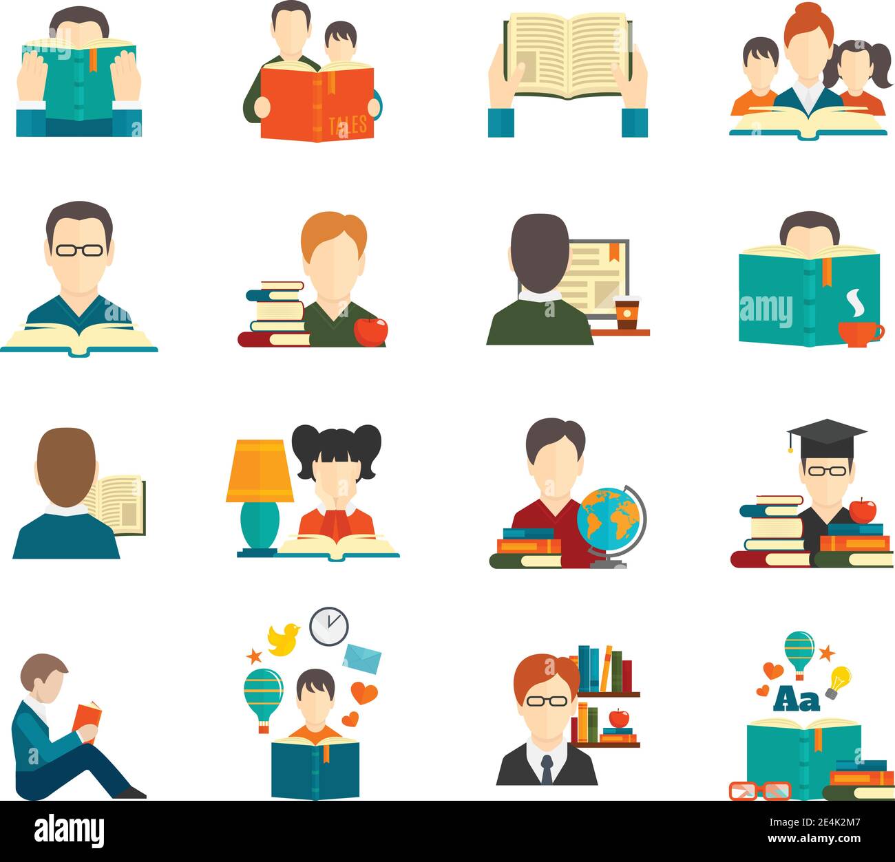 People reading book encyclopedia textbook icon flat set isolated vector ...