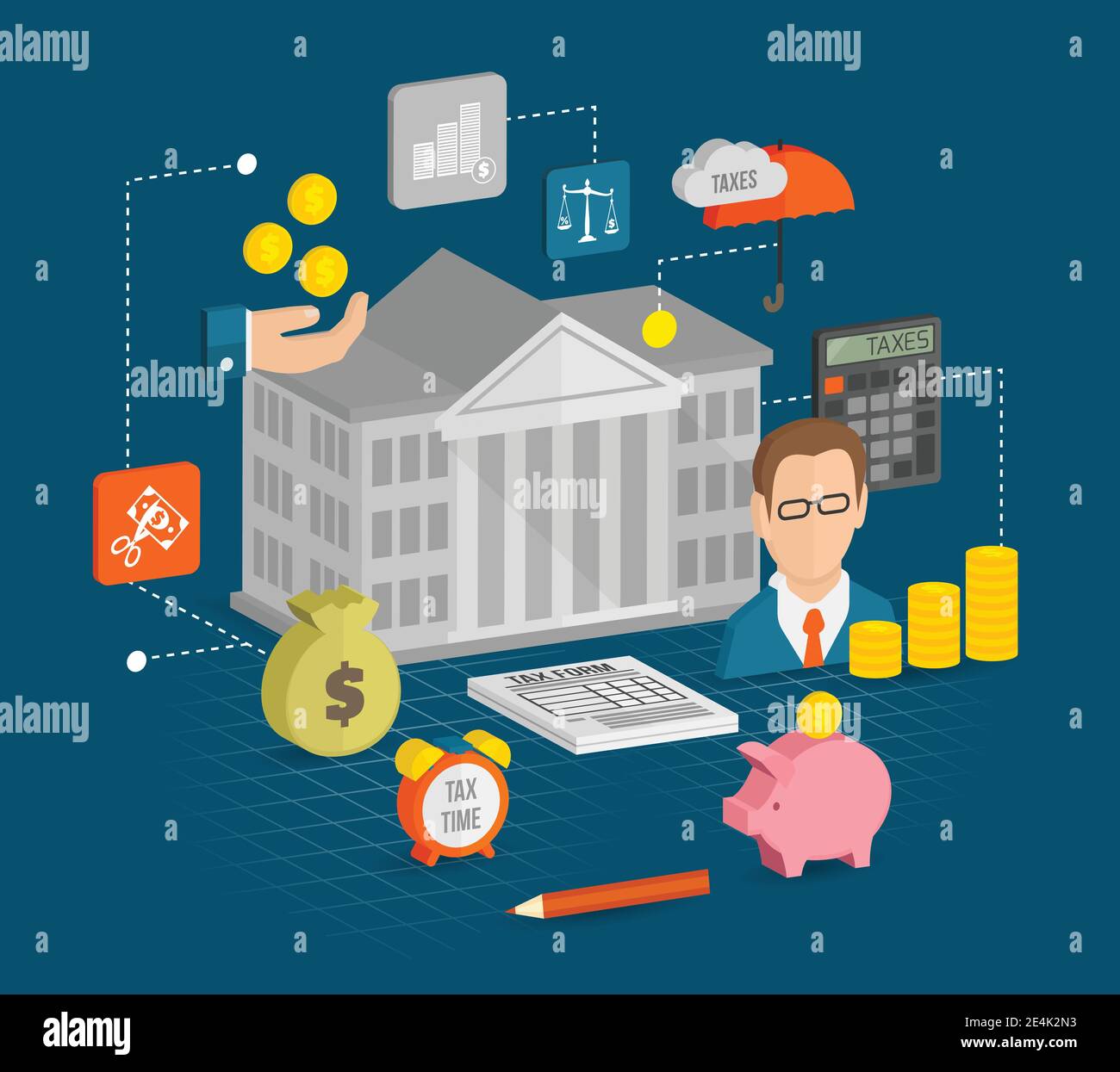Tax icons isometric set with internal revenue service time calculation ...