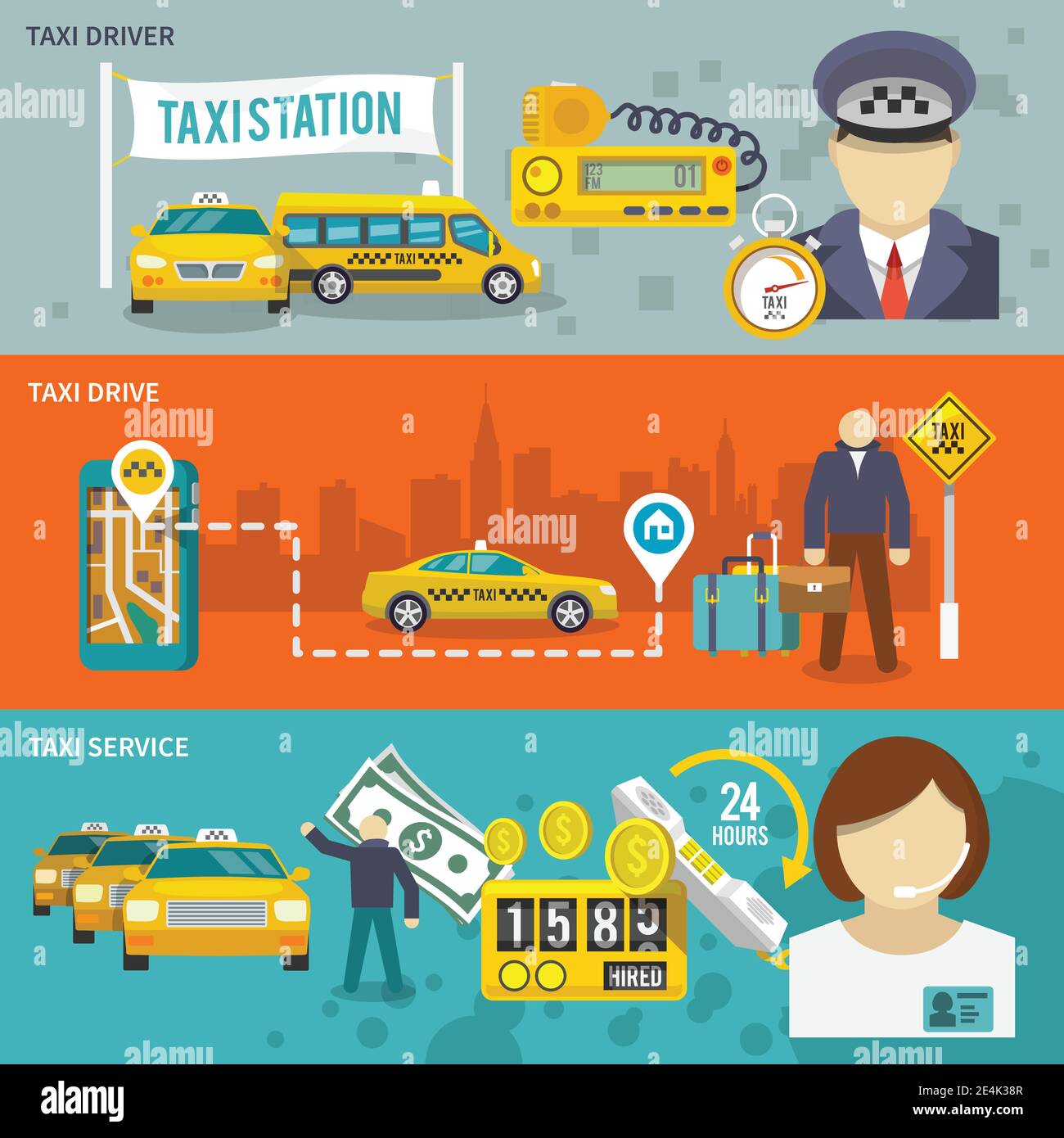 Taxi public auto transport banner set with driver drive service ...