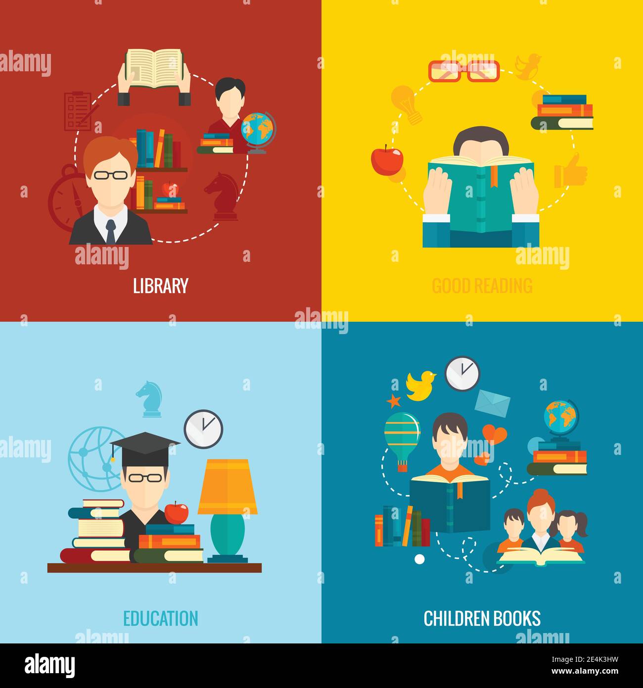 Reading flat icons set with library good education children books ...