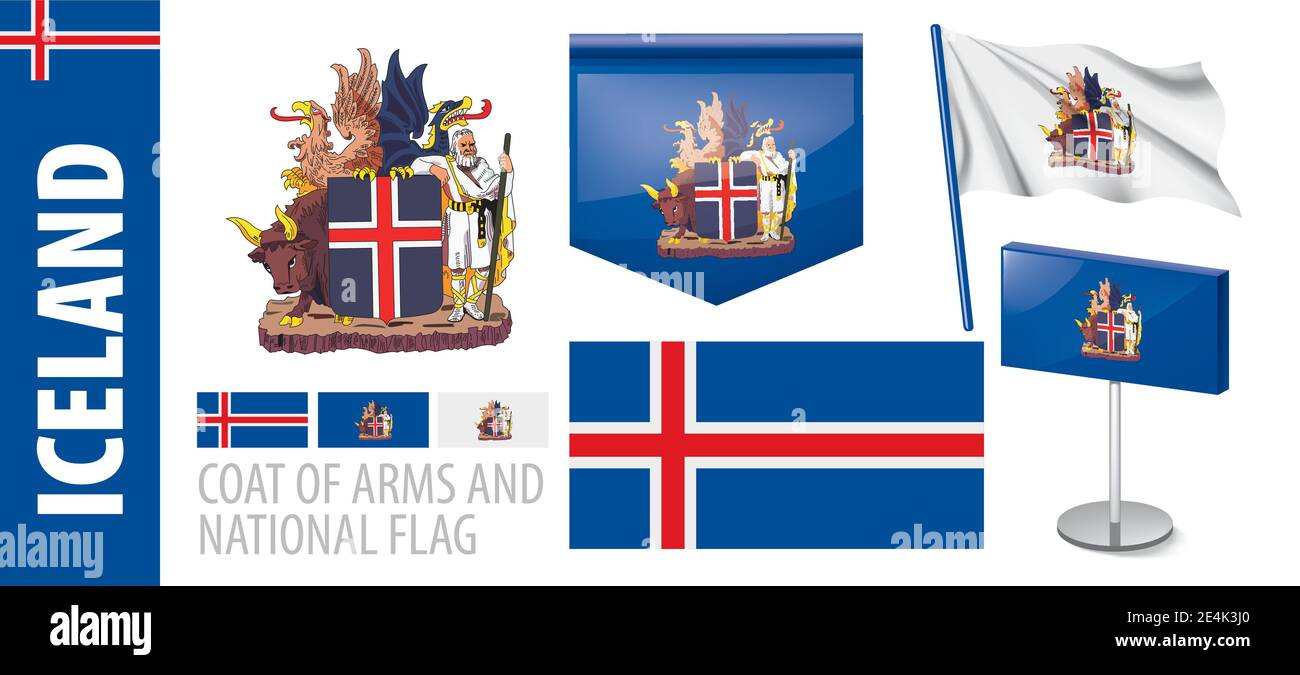 Vector set of the coat of arms and national flag of Iceland Stock ...