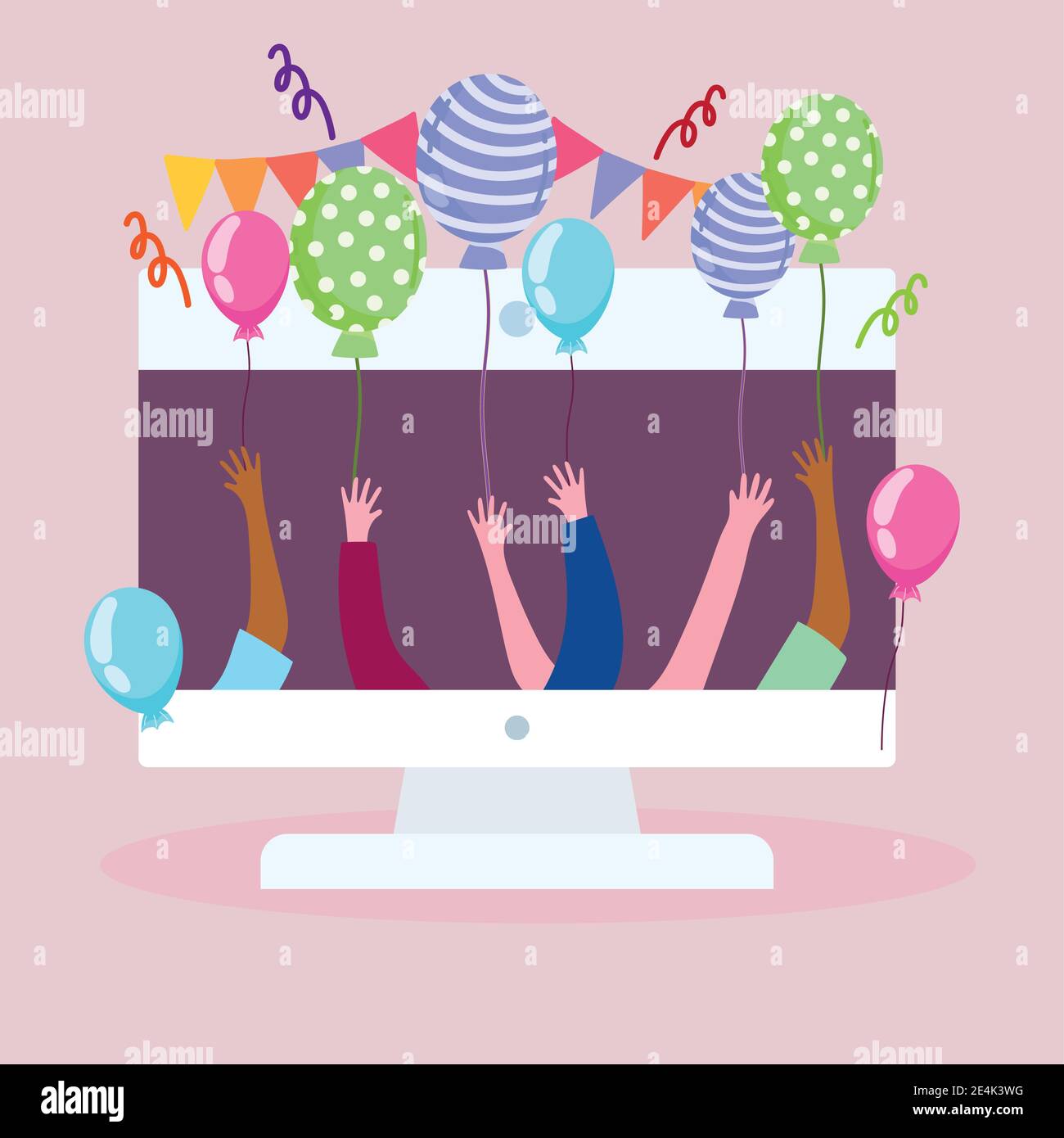 virtual party, computer and people celebration event balloons vector ...
