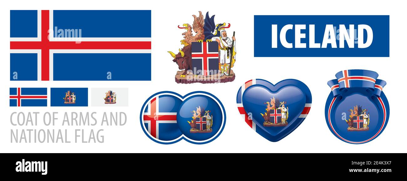 Vector set of the coat of arms and national flag of Iceland Stock ...