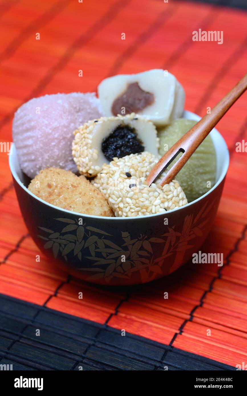 Different Mochi in bowl, Japanese sticky rice cake, Asian confectionery ...