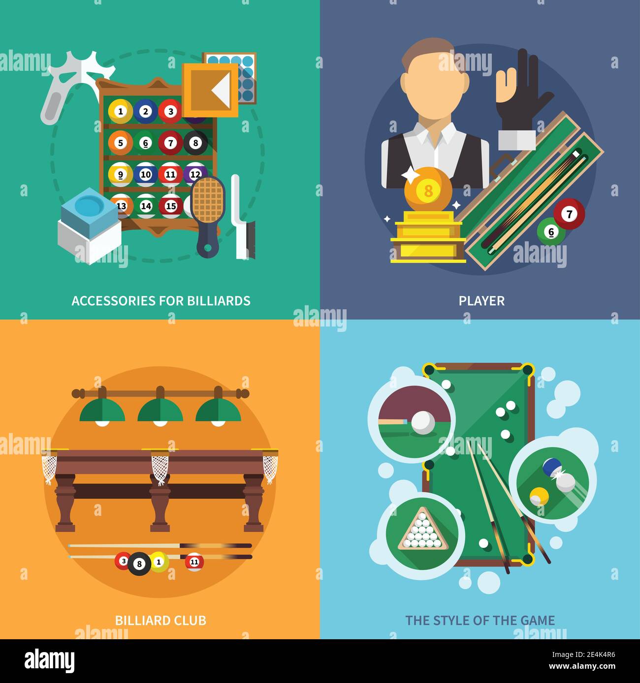 Billiards flat set with accessories player club style of game isolated ...