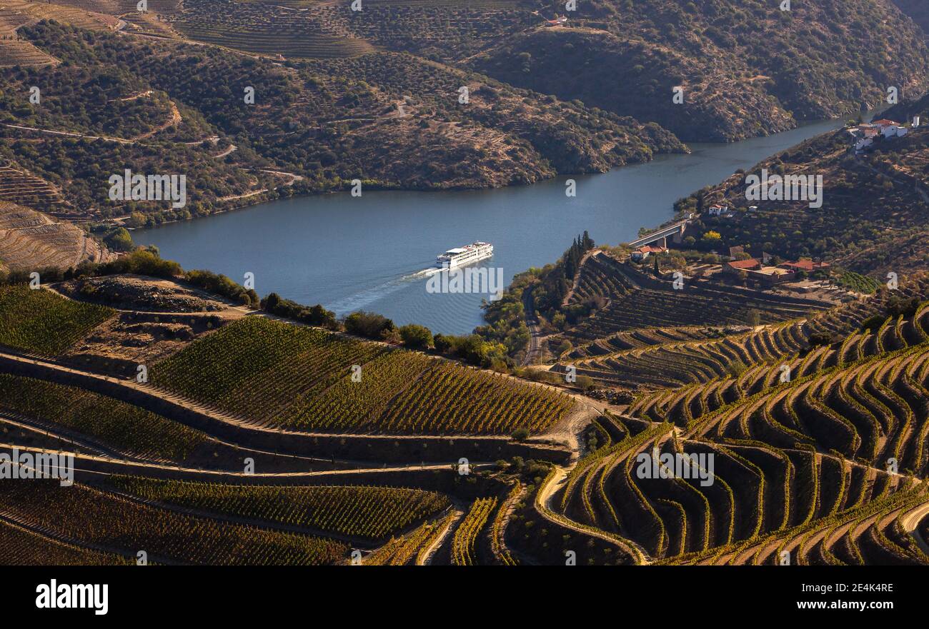 Cruise ship in Douro river and Alto Douro vineyards and landscape ...