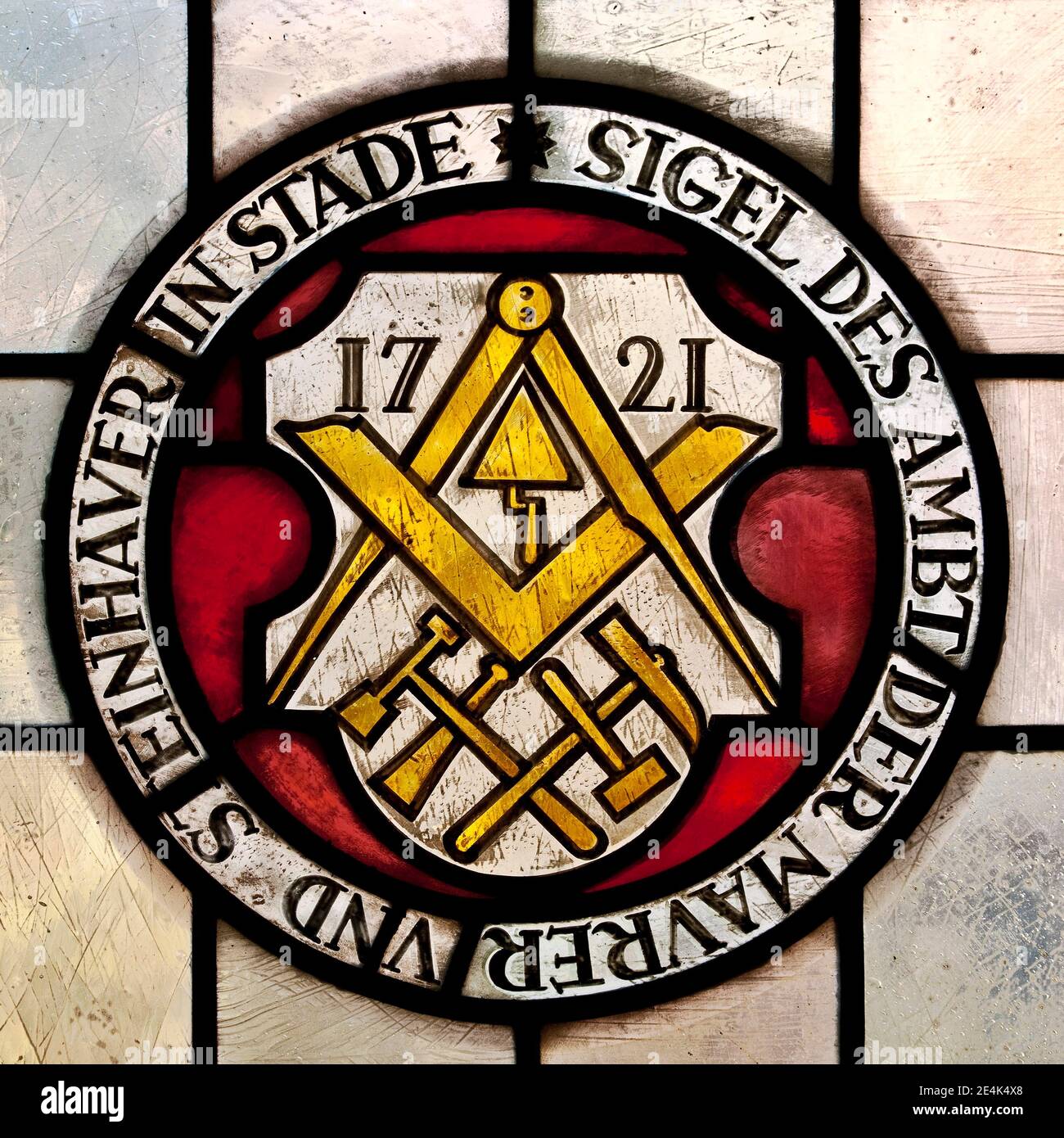 Seal of the guild of masons and stonemasons from 1721 as stained glass ...