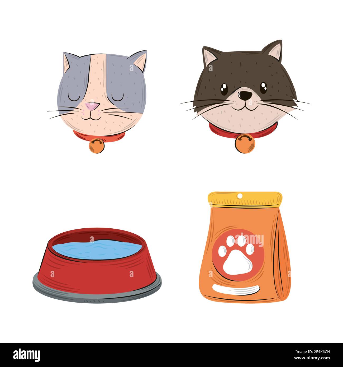 pets icon collection, cats food and bowl with water flat style vector ...
