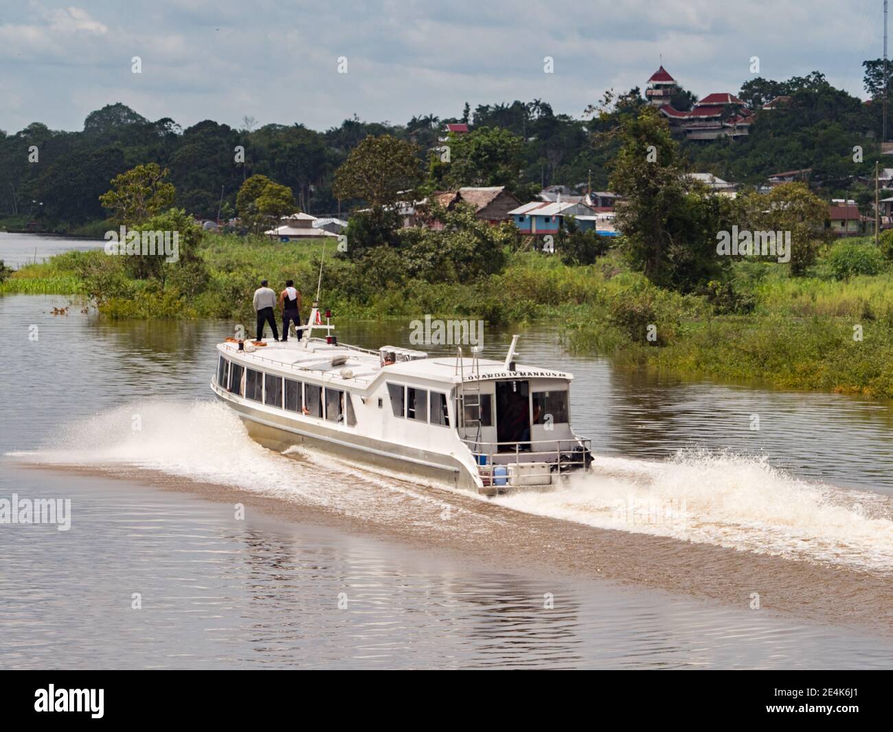 Pebas, Peru - December 04 , 2018: Speed boat on the Amazon River. It ...