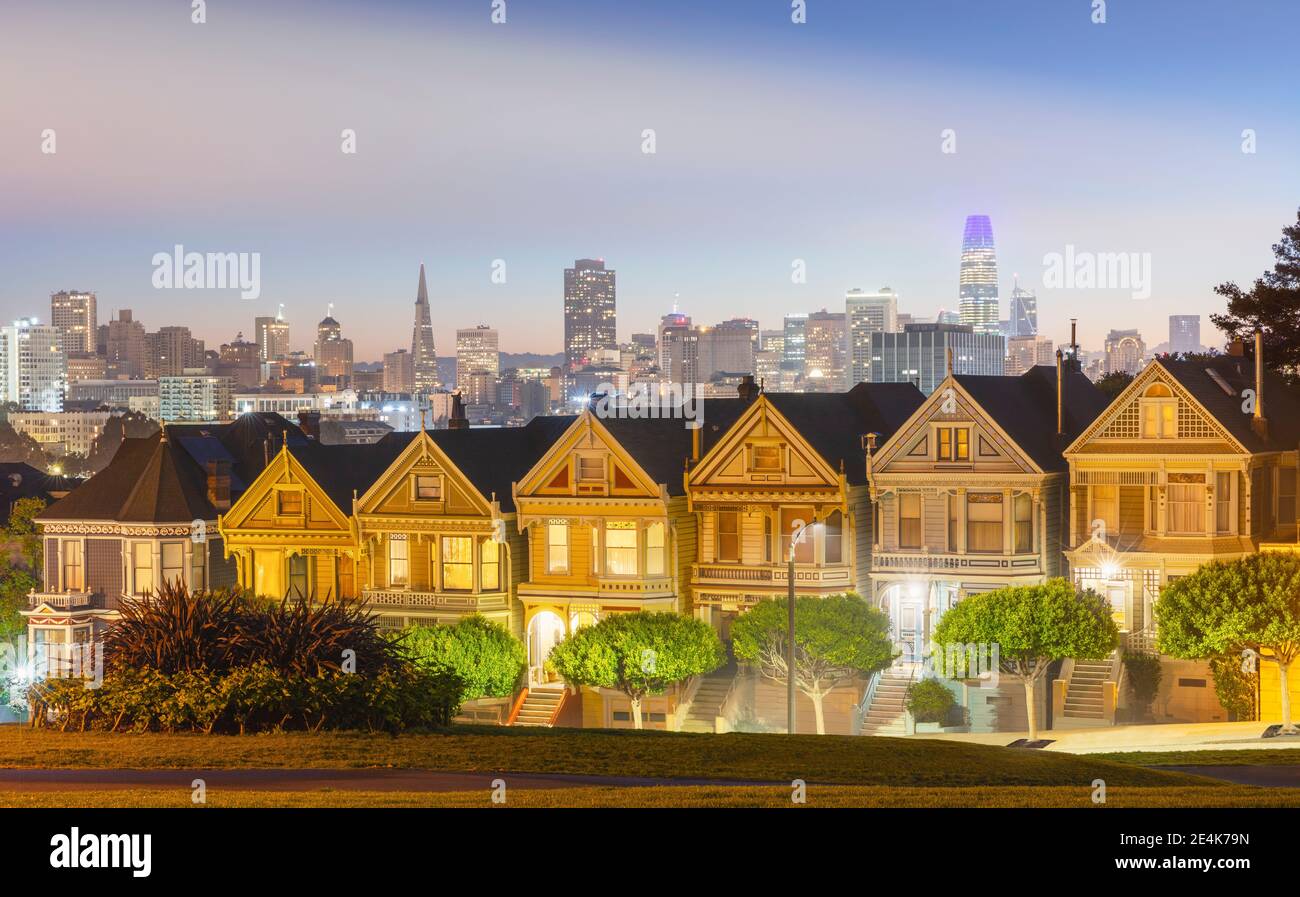 Alamo square against cityscape at San Francisco, Califronia, USA Stock ...