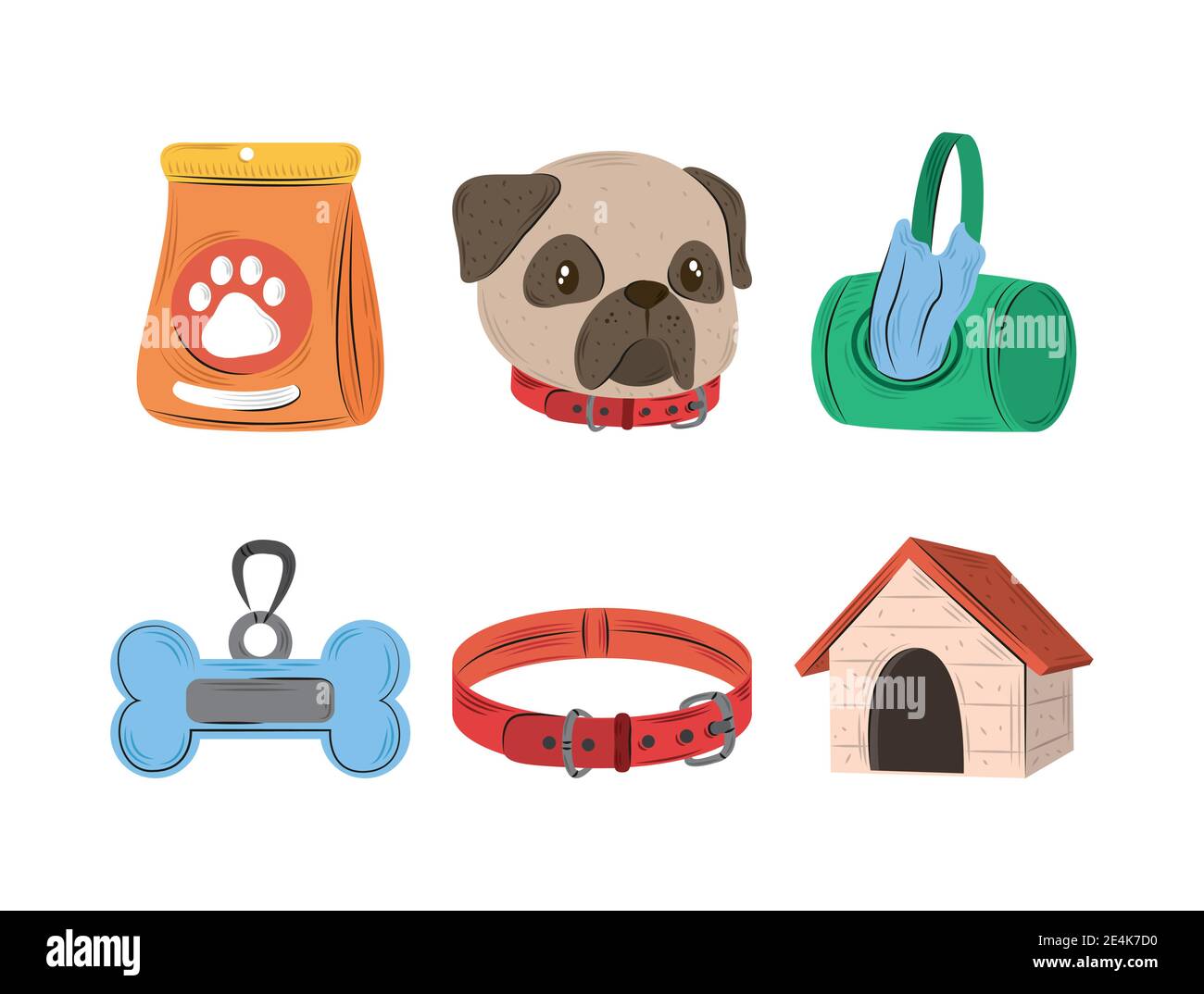 pets icon set, dog food collar bone and house flat style vector ...