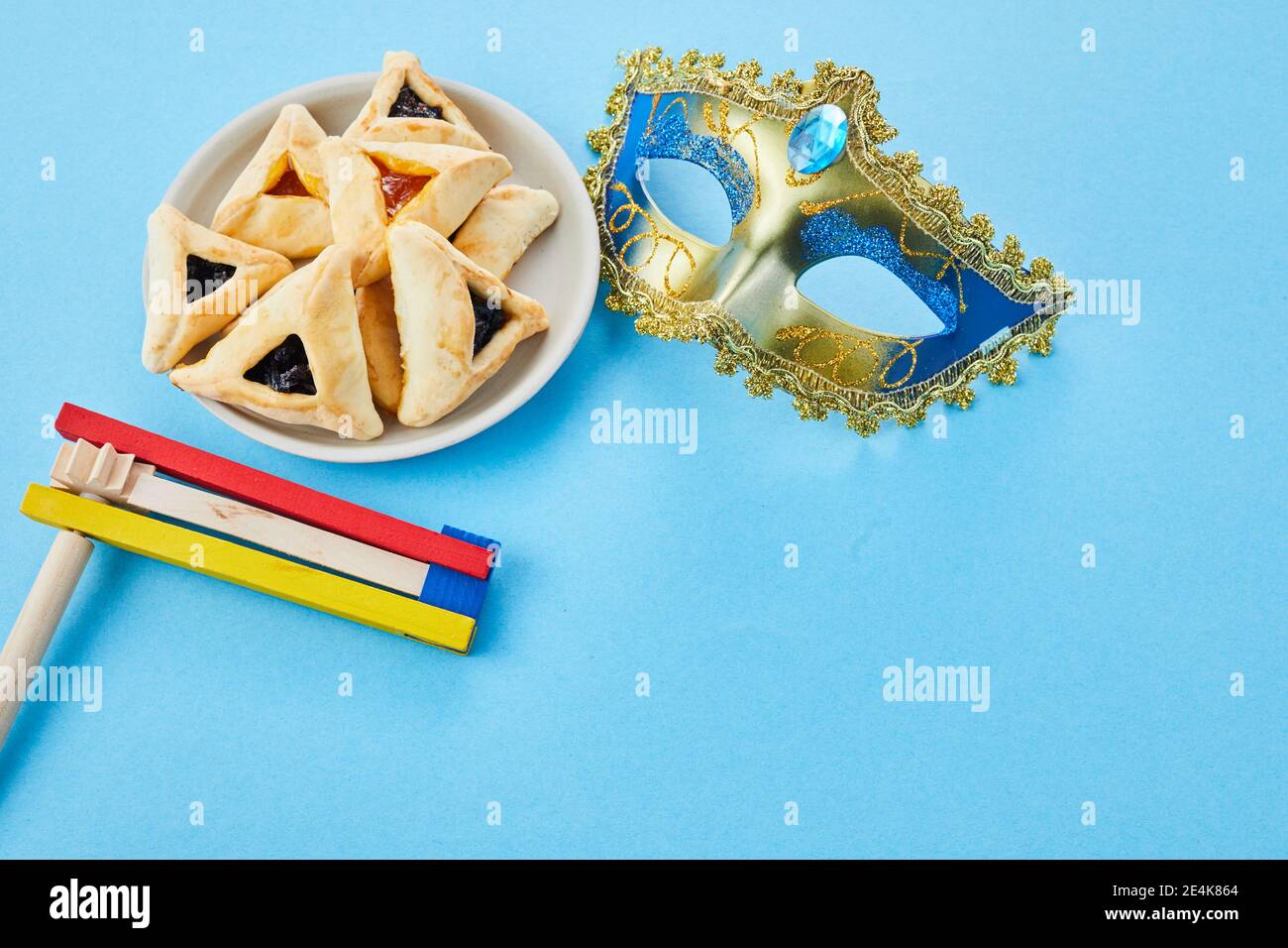 Purim celebration concept. Jewish carnival background. Top view. Flat ...