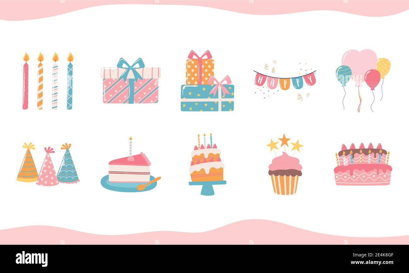 happy birthday cake hat candle gift boxes and balloons celebration ...