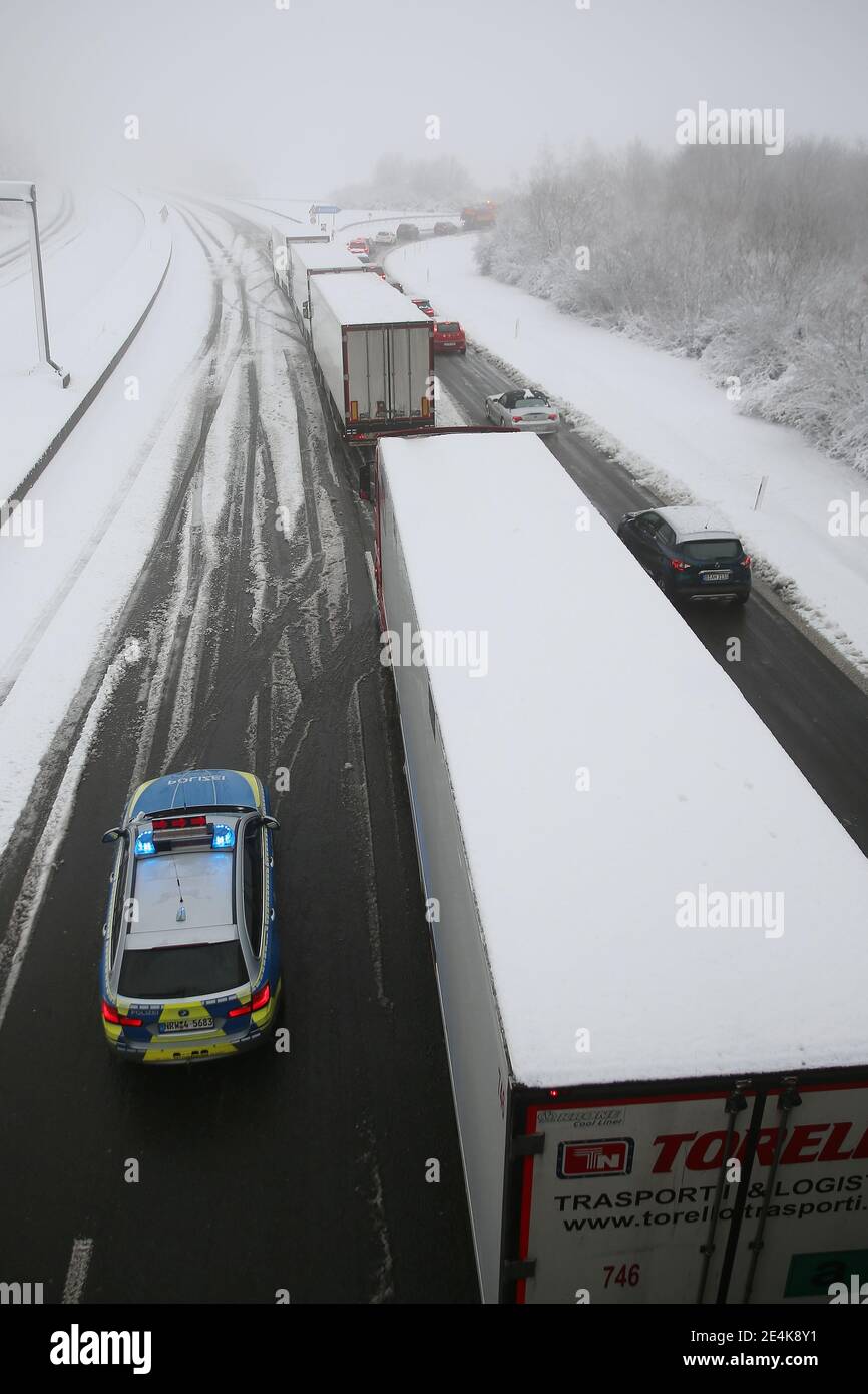 Hilden, Germany. 24th Jan, 2021. Several lorries are stuck in traffic ...