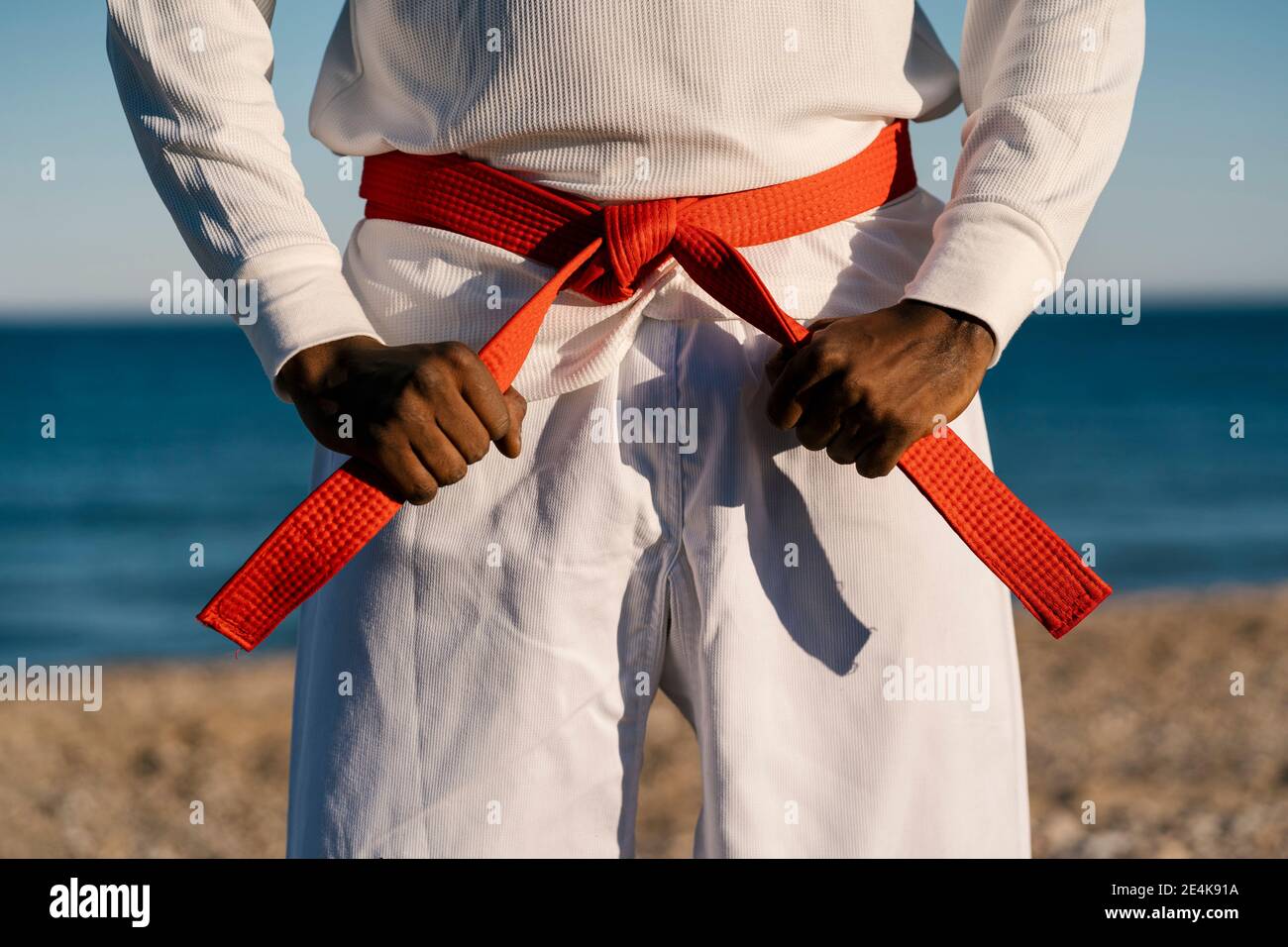 Mid section of male martial artist wearing red obi belt Stock Photo - Alamy