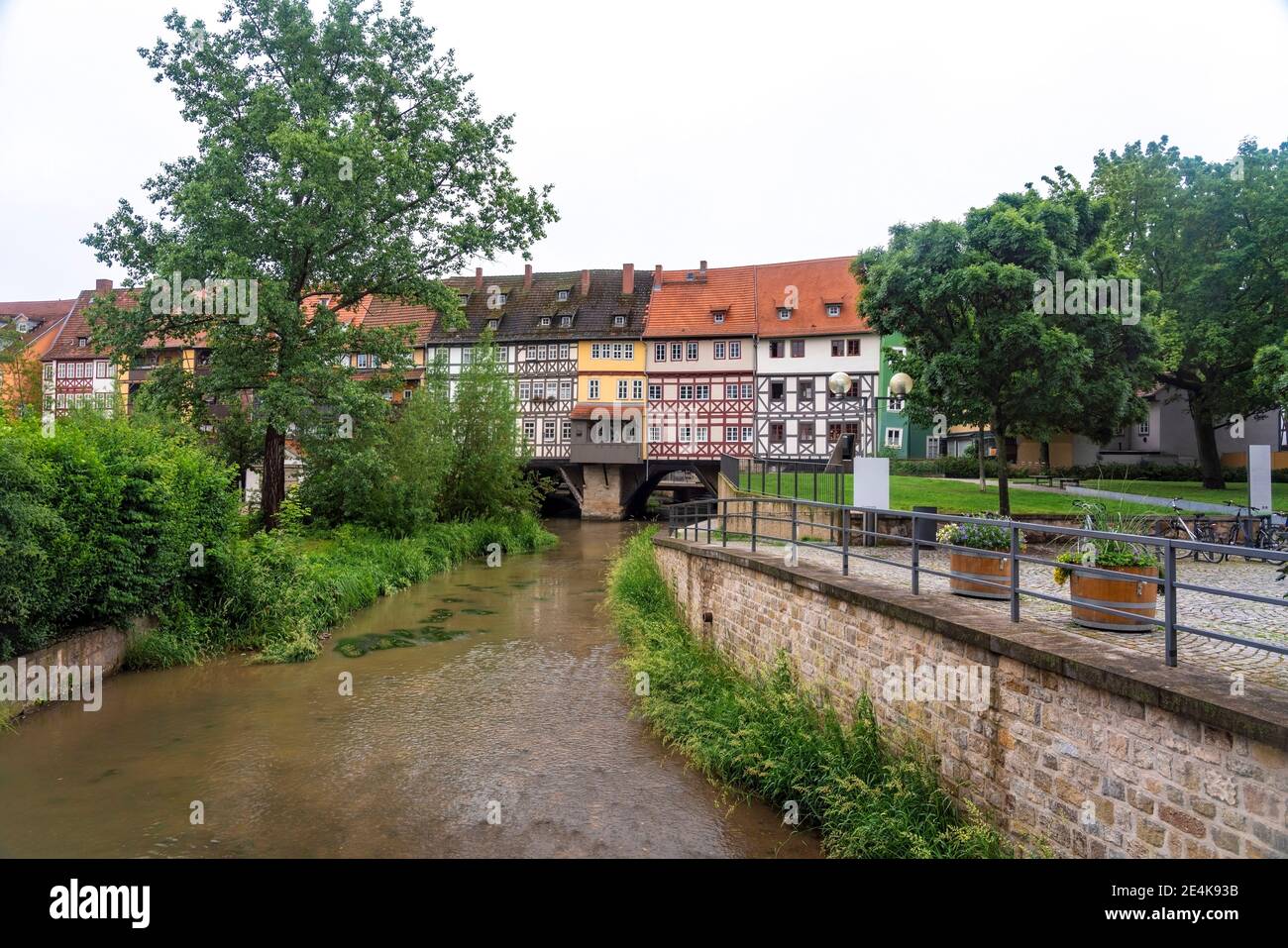 Germany, Erfurt, Karmerbrucke with the historic houses on Gera river ...