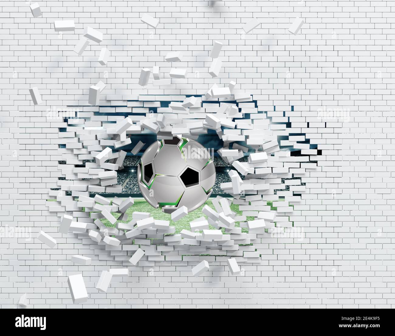Soccer Ball breaks brick wall at the stadium Crush the brick wall, 3d ...