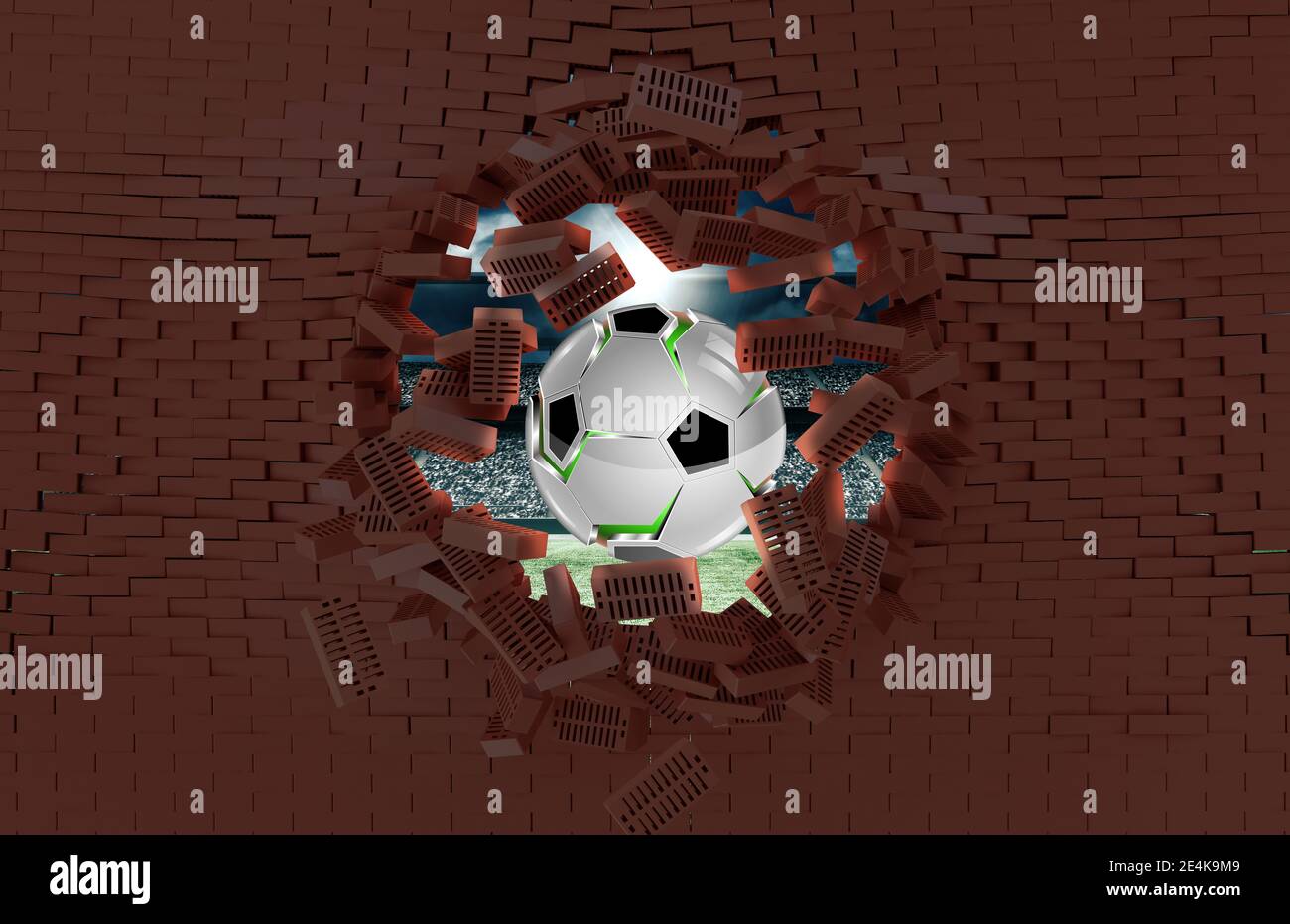 Soccer Ball breaks brick wall at the stadium Crush the brick wall, 3d ...