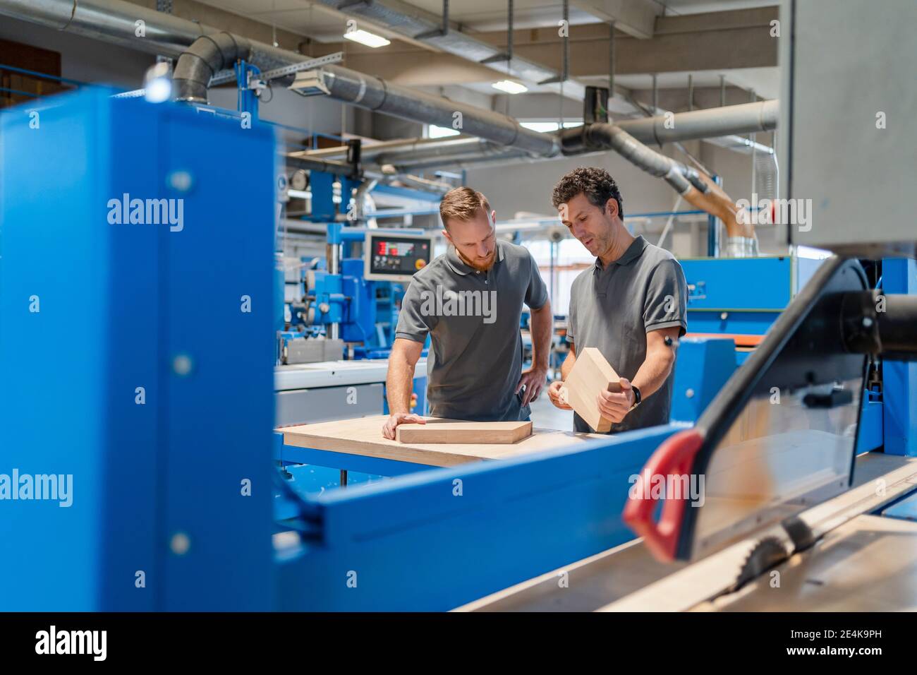 Two carpenters talking while examining wood in production hall Stock Photo - Alamy