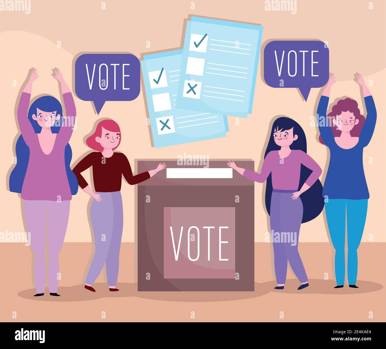 women voters with ballot check mark and box vector illustration Stock ...
