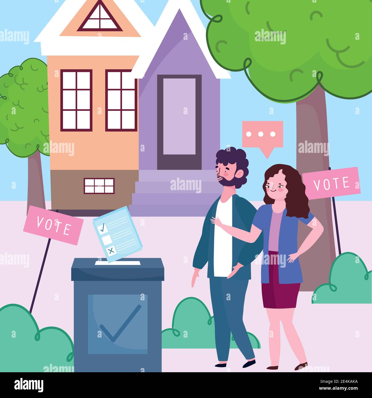 voting and election, couple with vote box in voting place vector ...
