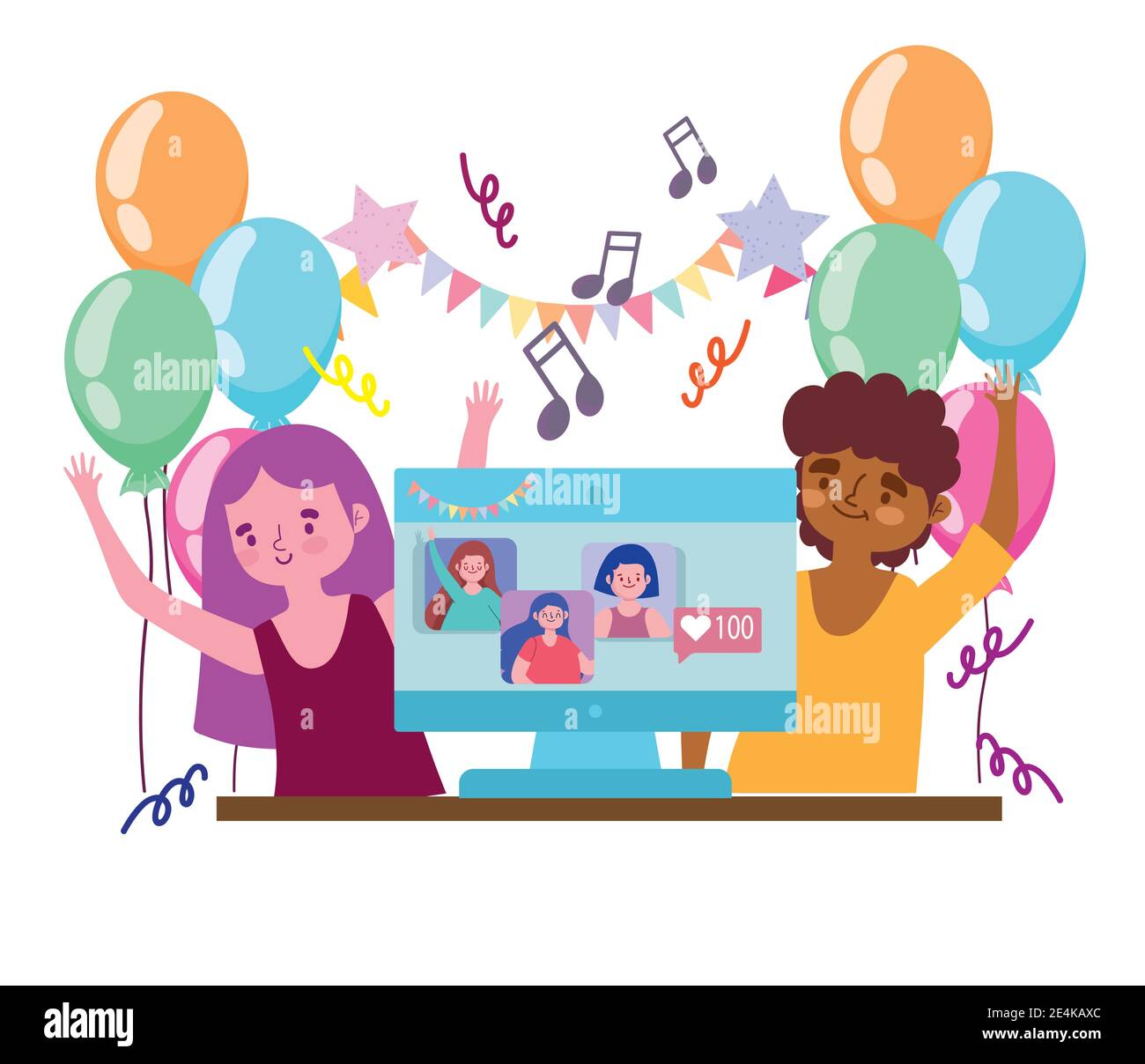 virtual party, happy couple celebrating festive with people connected ...