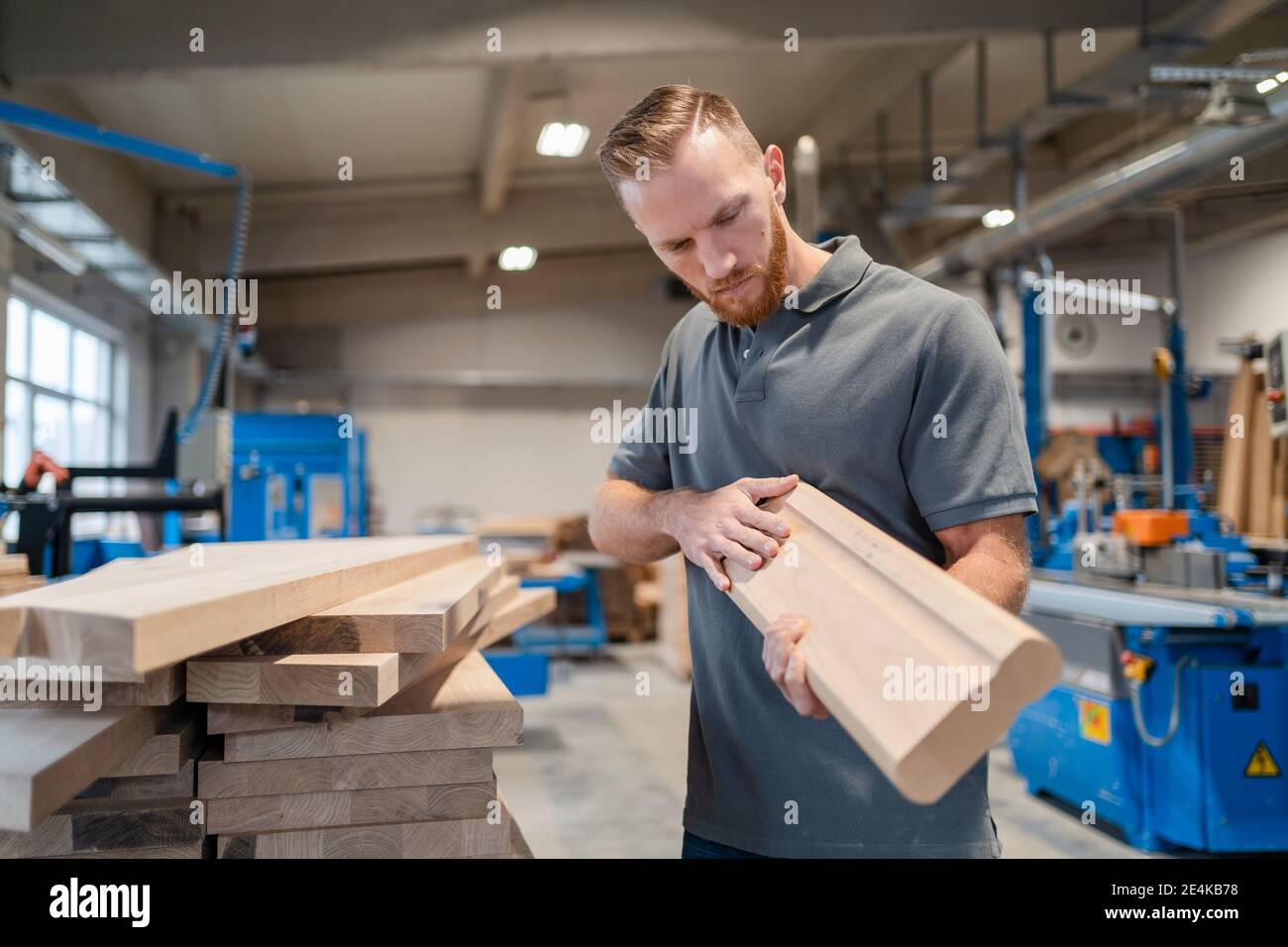 Portrait of carpenter examining plank of wood Stock Photo - Alamy