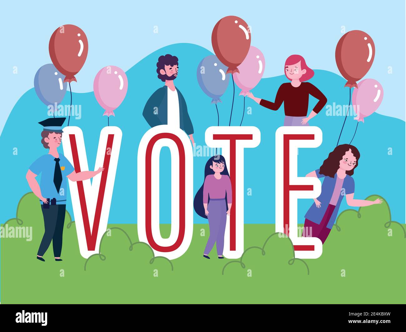 people with huge vote lettering and balloons celebration elections ...