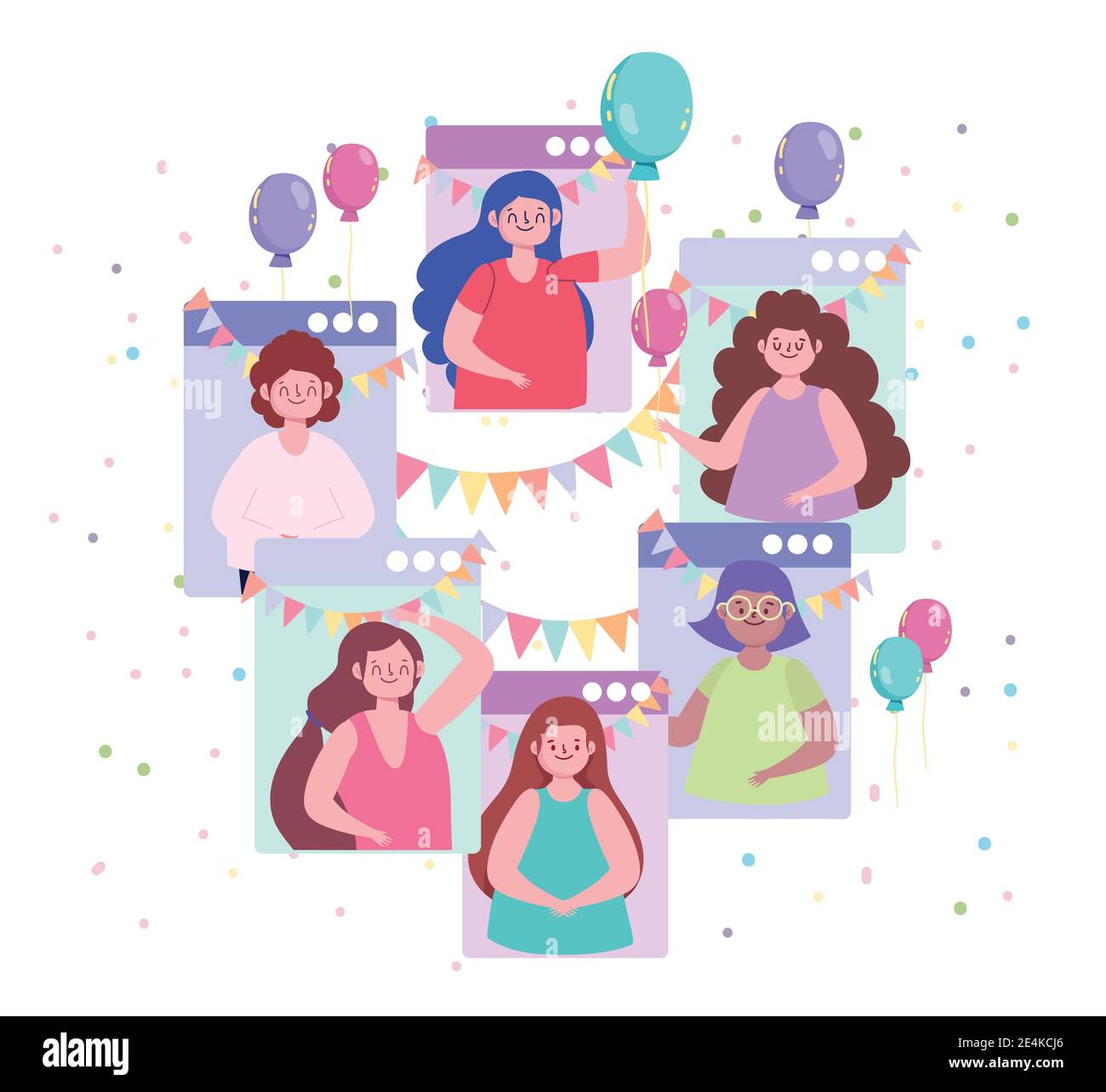 virtual party happy friends, video chat apps celebrations vector ...