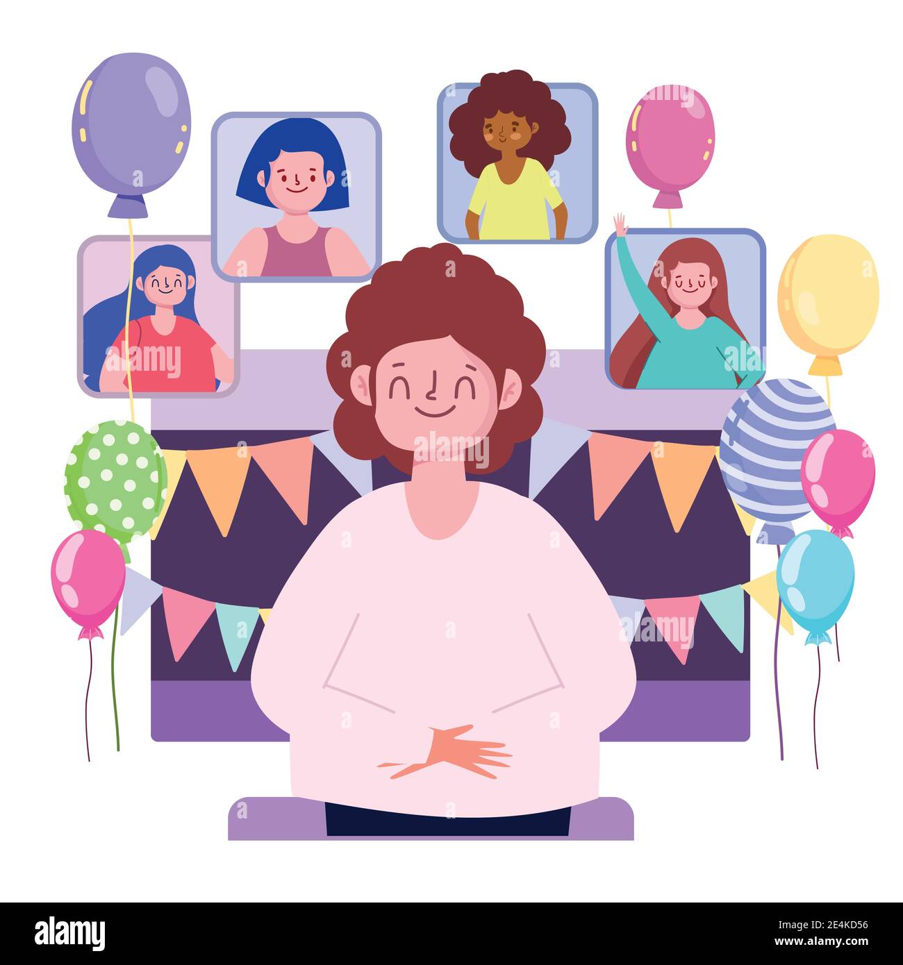 virtual party, man connected with people celebrating by internet vector ...