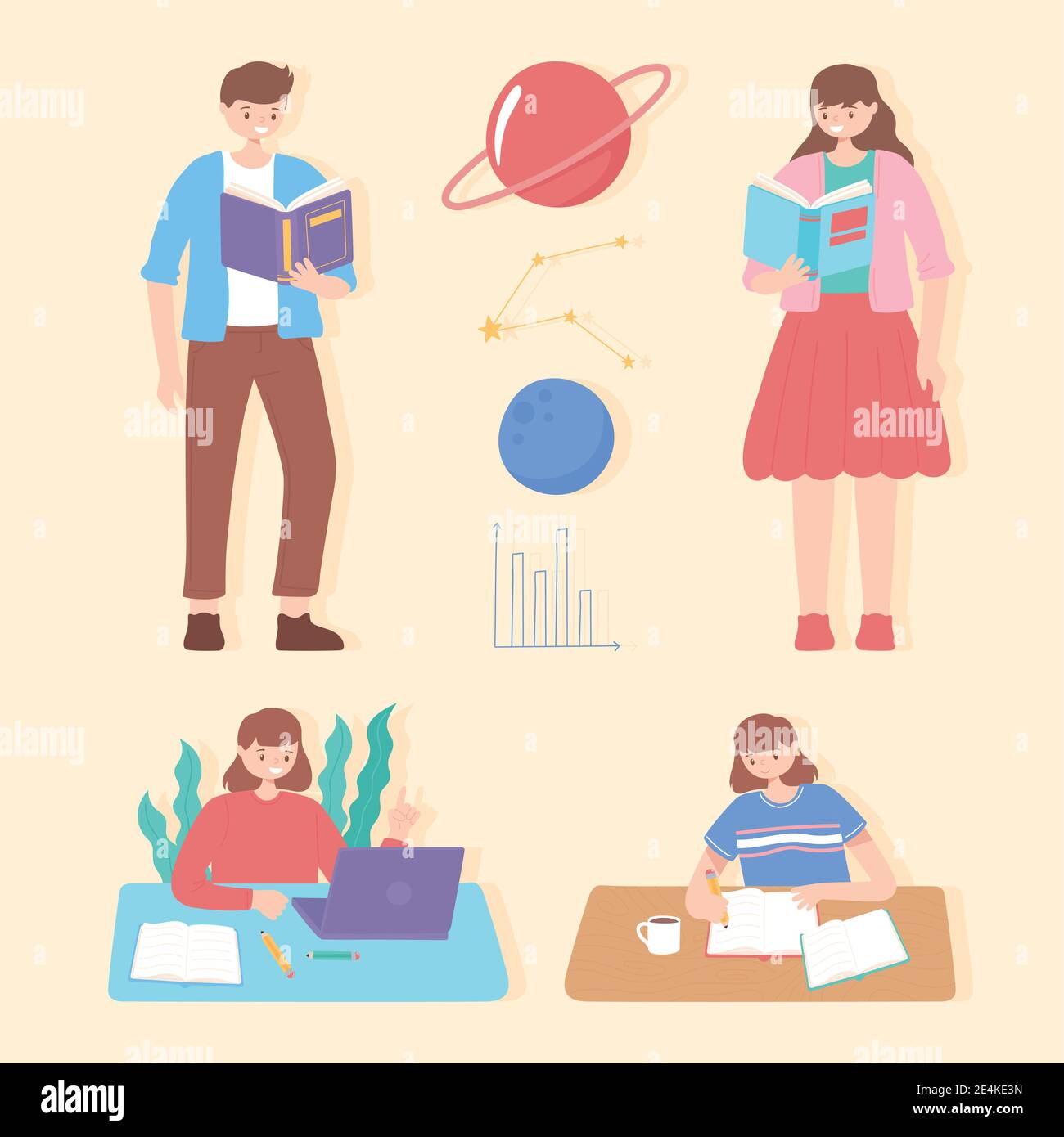 students with textbooks, reading and studying education vector ...