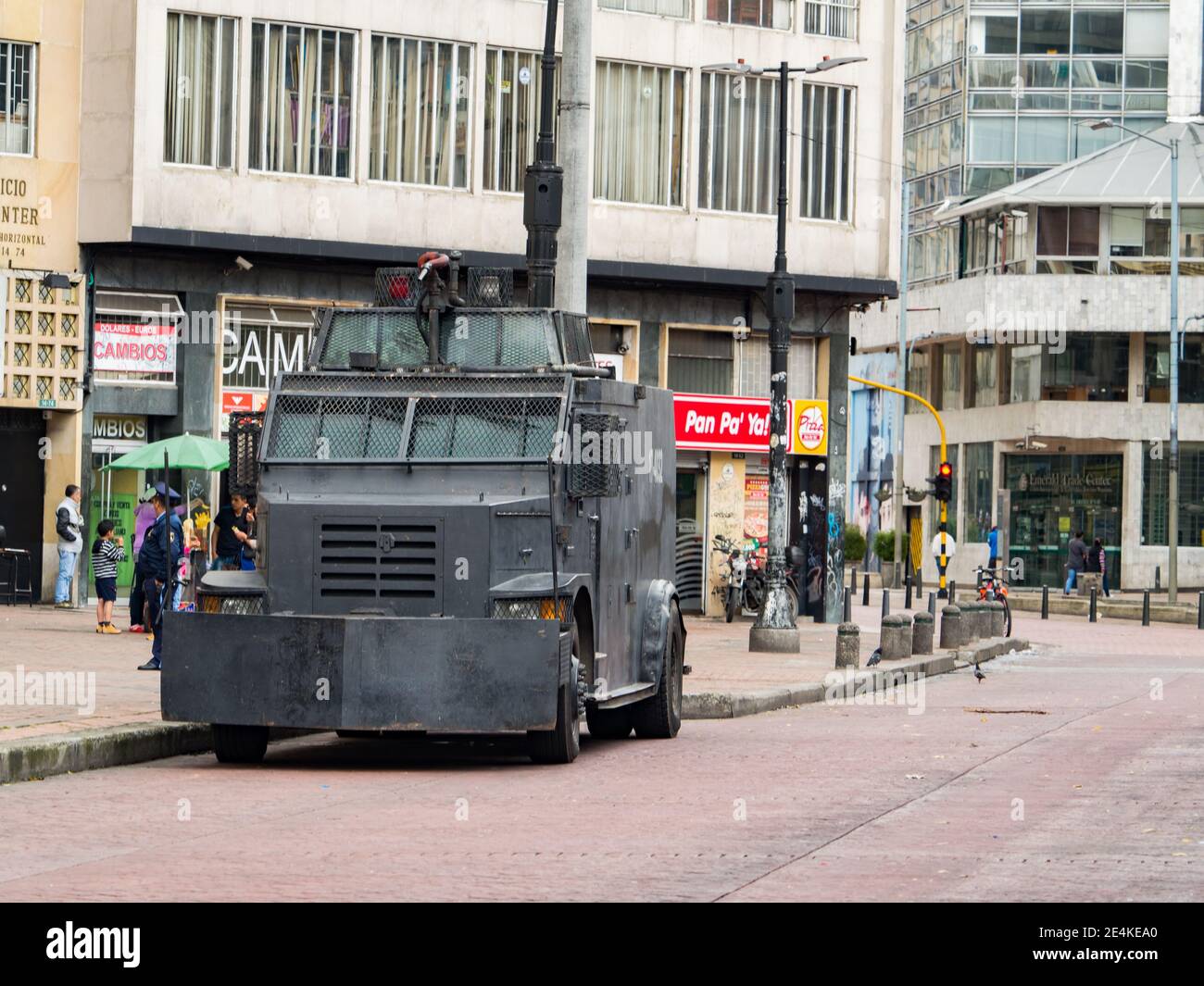 Bogota, Colombia - May 01, 2016: Police armored car during the riots on ...