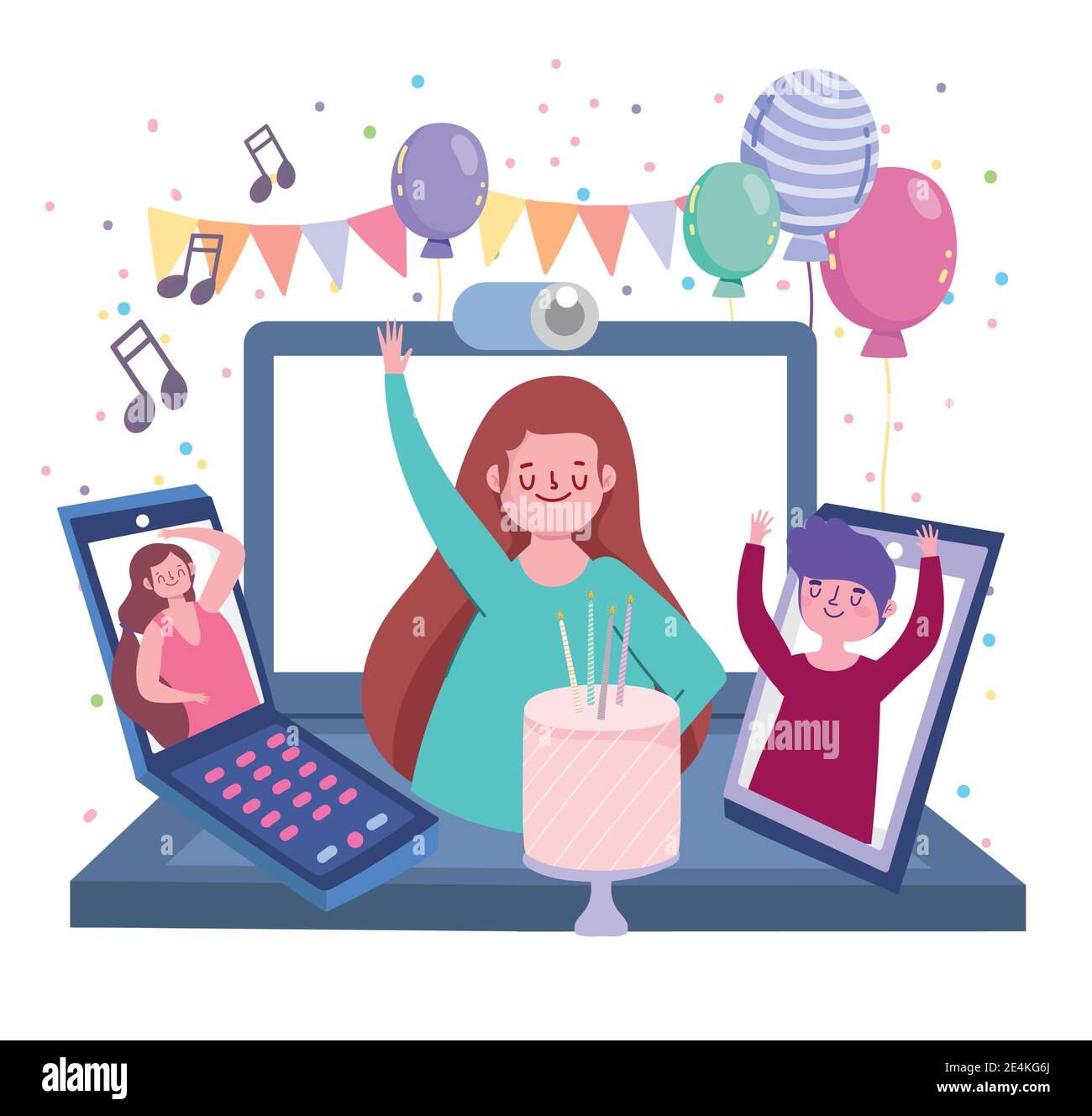 virtual party, people on screen devices celebrating birthday vector ...