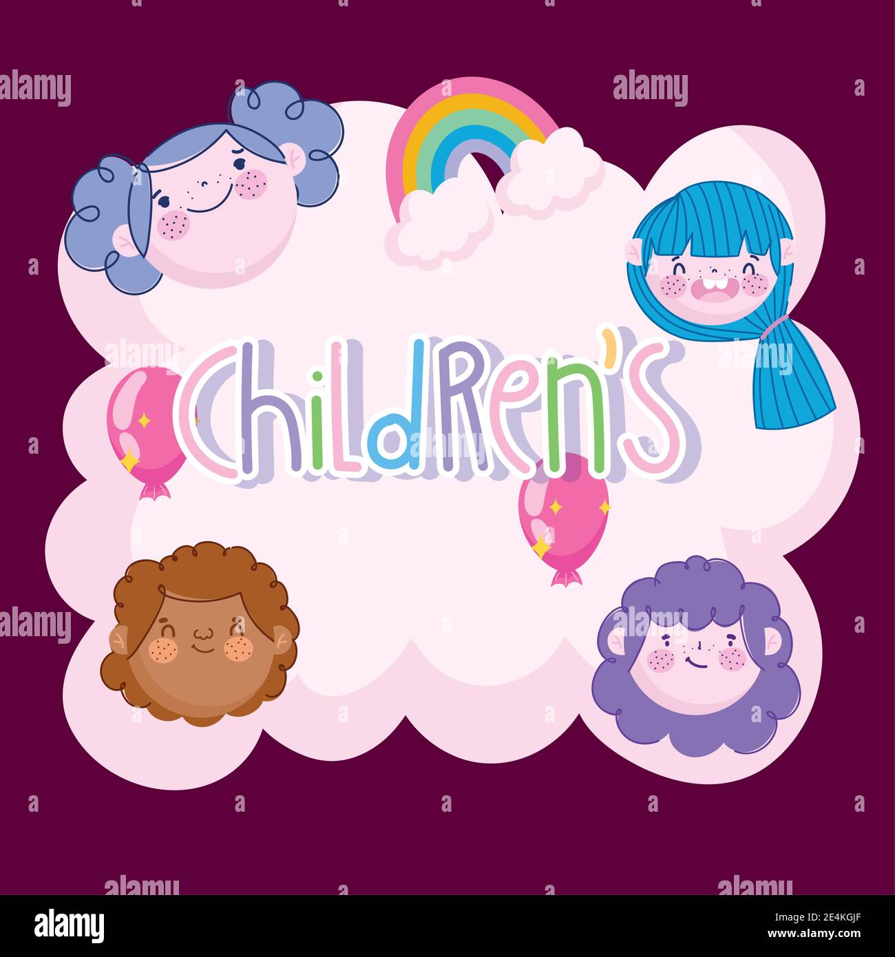 handwritten Childrens text, faces girls boys rainbow and balloons ...