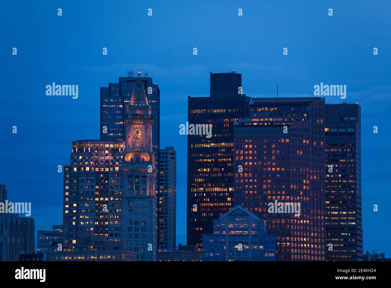 Night photo of a clocktower on Jenney Plaza of Boston downtown from ...