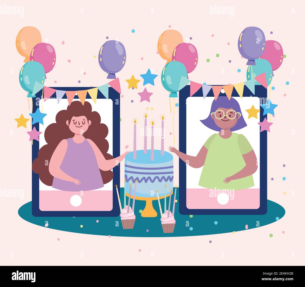 virtual party, girls celebrating birthday, meeting with friends vector ...